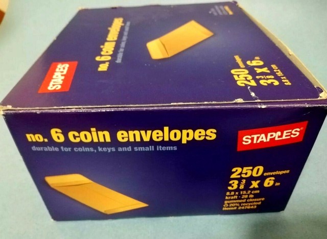 Staples No. 6 Coin Envelopes 250 Count 3 3/8" X 6" 28lb Kraft for sale ...