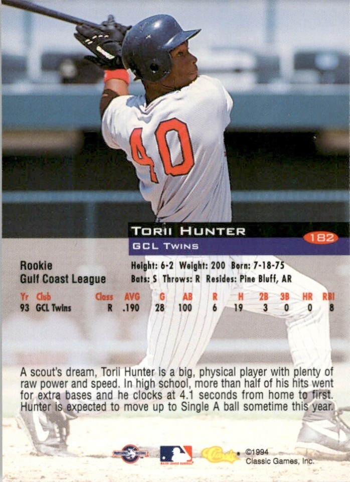 1994 Classic Torii Hunter GCL Twins #182 Baseball Card | eBay