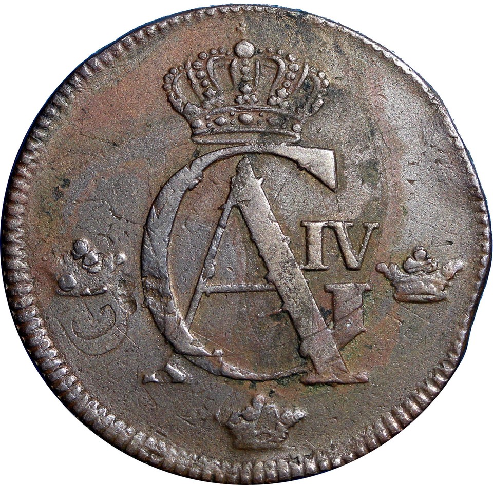 SWEDEN COPPER 1802 1 SKILLING OVERSTRUCK ON 2 ORE S.M. 1743-1768 KM#566 ...