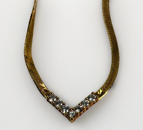 Vintage Gold Tone Herringbone Chain V Shape CZ Statement Necklace 18 in ...