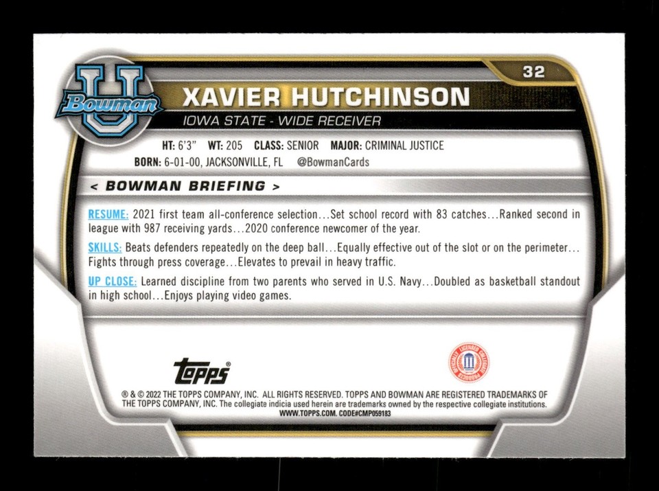 2022 Bowman University Chrome #32 Xavier Hutchinson Iowa State Cyclones ...