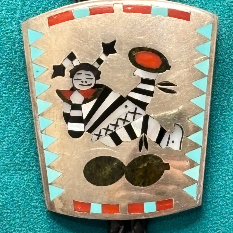 Dennis and Nancy Edaakie, Vintage Zuni Inlay Bolo Tie with Clown Design ...