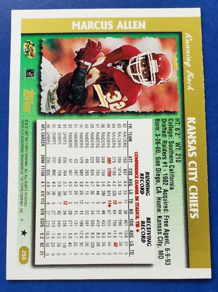 1997 Topps Marcus Allen Kansas City Chiefs #250 | eBay