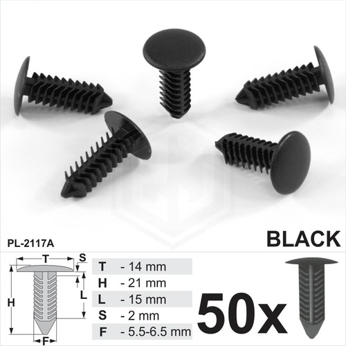 50 x Black Plastic Fir Tree Trim Clips 6mm Hole 14mm Head Car Van Push ...