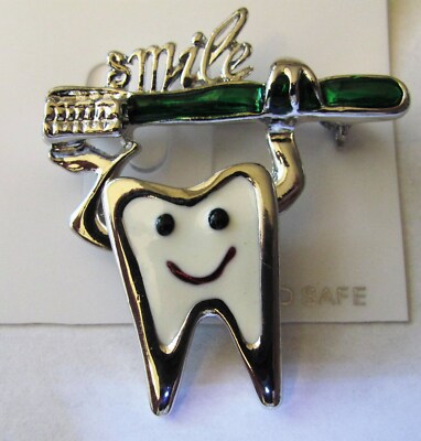 SMILE TOOTHBRUSH DENTAL PIN-Dentist, Hygenist, Silvertone-Green Enamel ...