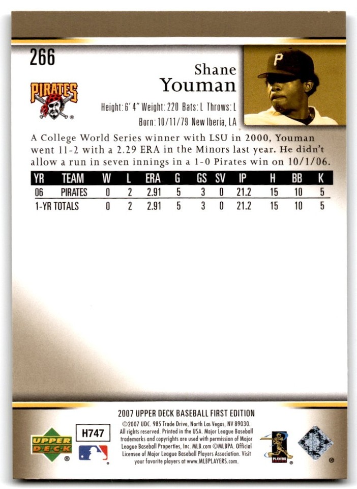 2007 Upper Deck First Edition Shane Youman Rookie Baseball Cards #266 ...