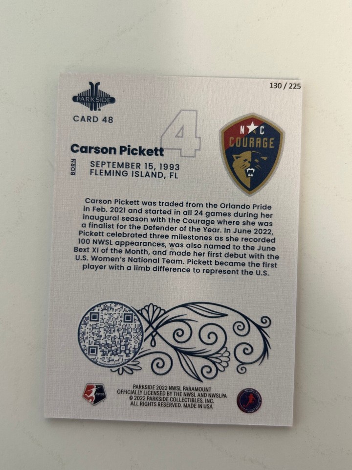 CARSON PICKETT 2022 Parkside NWSL Paramount Pink Parallel Card 130/225 ...