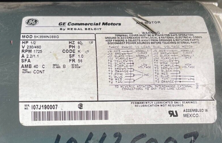 GE COMMERCIAL MOTORS 1/2 HP 1725 RPM 230/460 V FRAME 388G 5K35MN388G | eBay