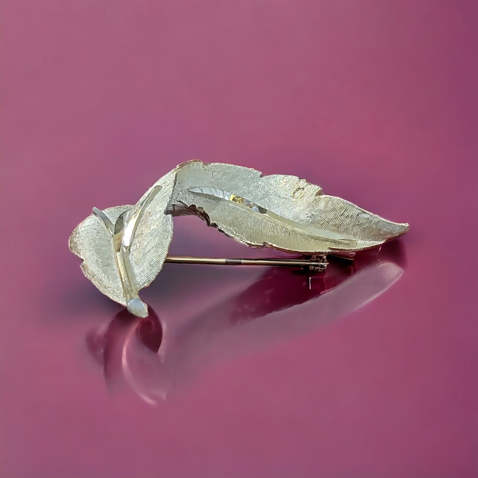Vintage Signed BSK Leaf Brooch Pin Brushed Silver Gold Tone Textured ...