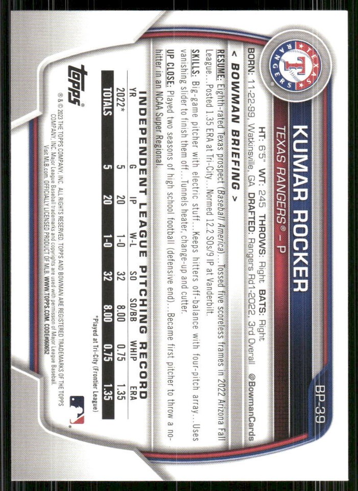 2023 Bowman #BP-39 Kumar Rocker Prospects | eBay