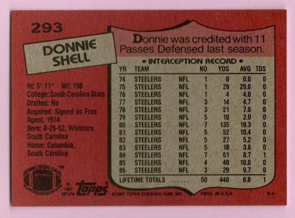 1987 Topps Football #293 Donnie Shell Pittsburgh Steelers Safety | eBay