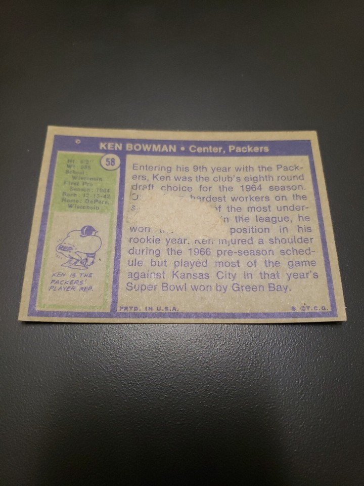 1972 TOPPS KEN BOWMAN GREEN BAY PACKERS #58 | eBay