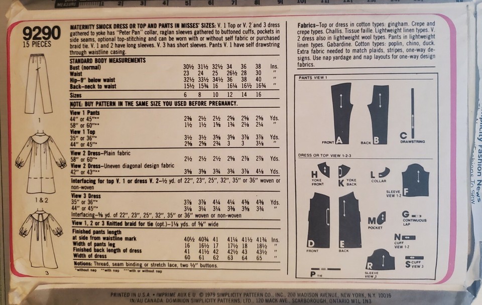 Vtg Simplicity pattern 9290 Misses' Maternity Dress & Top & Pants size ...