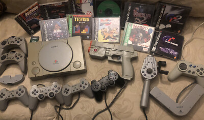 Playstation 1 Console 11 Games 9 Controllers Guncon Cords Memory Multi ...