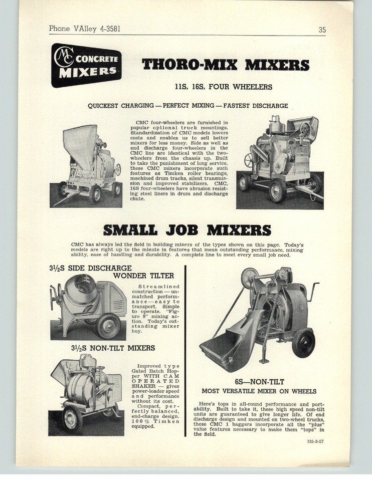 1957 PAPER AD 3 PG CMC MC Thoro Mix Cement Mixer Truck Trailer Concrete ...