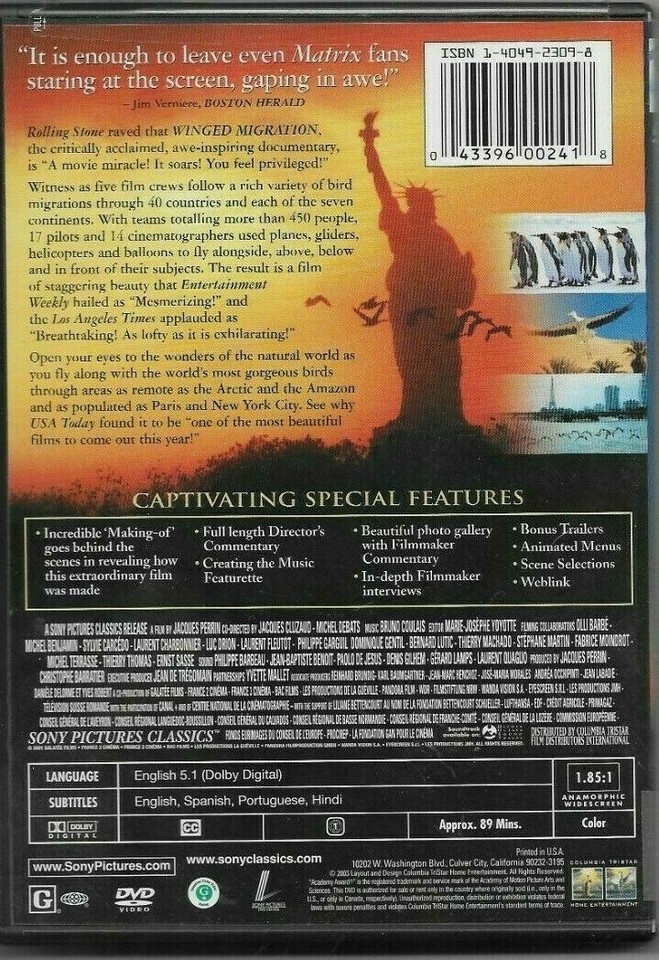 Winged Migration Special Edition DVD Jacques Perrin Sony Classics 2003 ...