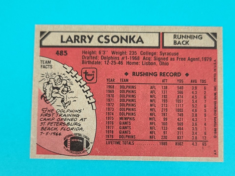 1980 Topps #485 Larry Csonka Miami Dolphins FOOTBALL Card 7A | eBay