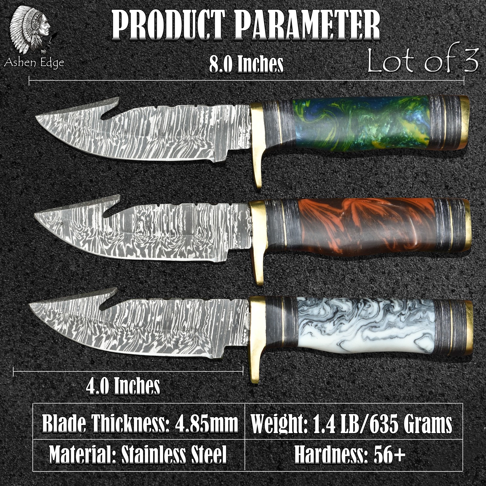 Ashen Edge Hunting Skinner Knife w/Gut Hook Twist Damascus Micarta Lot ...
