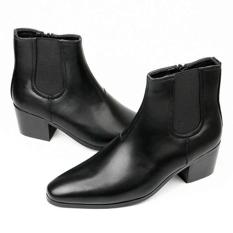Men's Pointed Toe Chelsea Boots Cuban Heels High Top Formal Dress Ankle ...