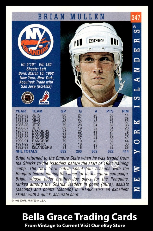 1993-94 Score Canadian Brian Mullen #347 New York Islanders NHL Hockey ...
