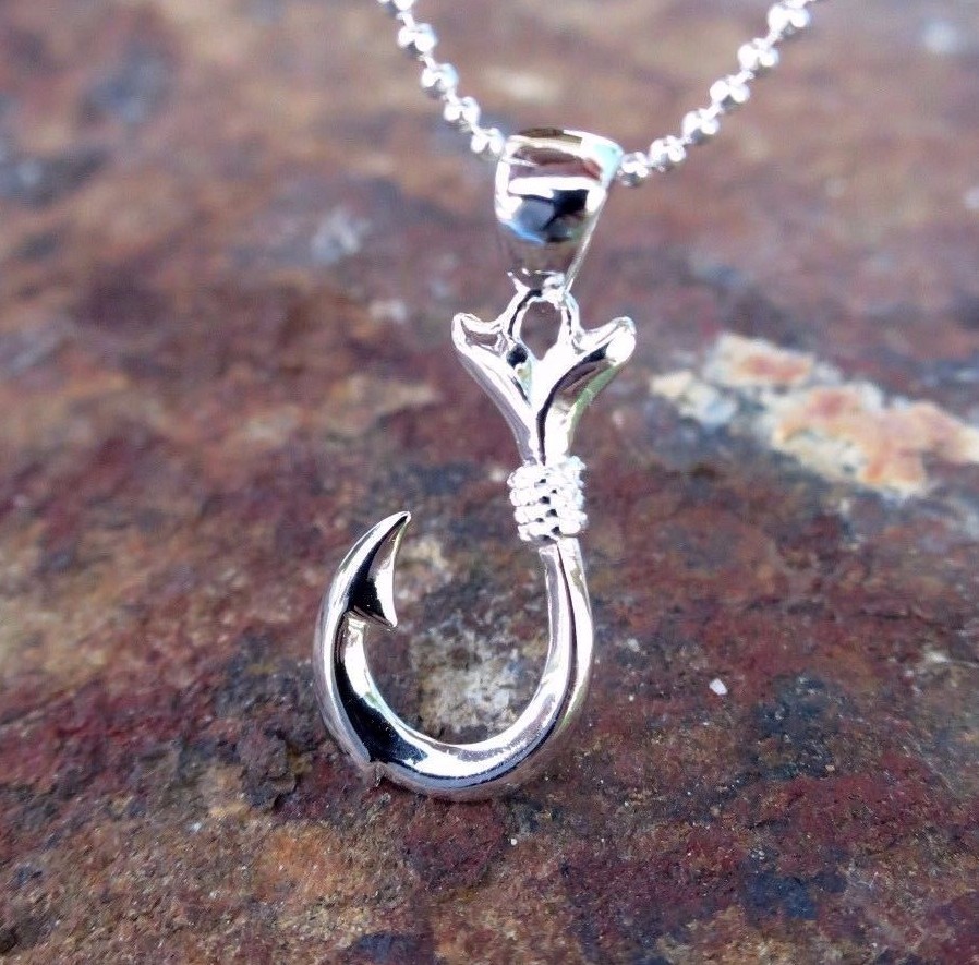 Hawaiian Jewelry .925 Sterling Silver Island Fish Hook Pendant Necklace ...