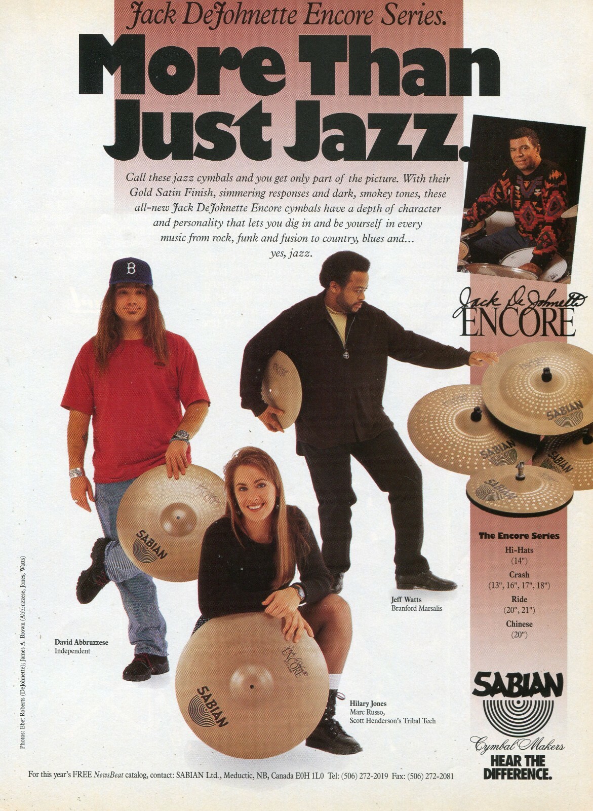 1995 Print Ad of Sabian Jack DeJohnette Encore Drum Cymbals w David ...