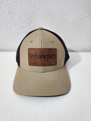 Wrangler Leather Logo Patch Khaki Meshback Trucker Hat Snapback Cap | eBay