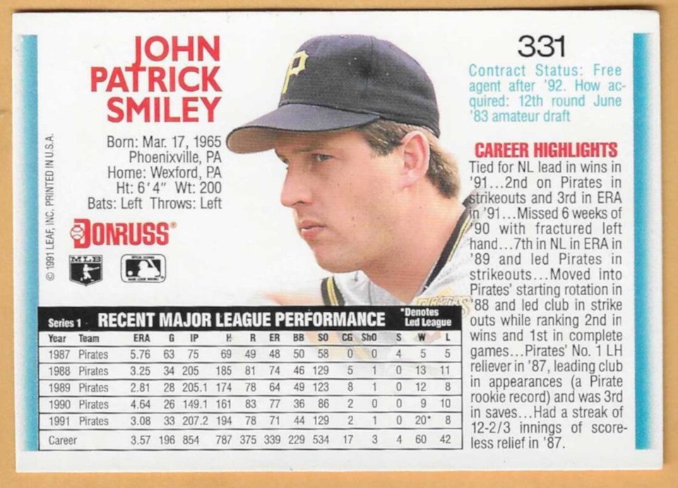 JOHN SMILEY PITTSBURGH PIRATES #331 - DONRUSS NM-MT 1992 | eBay