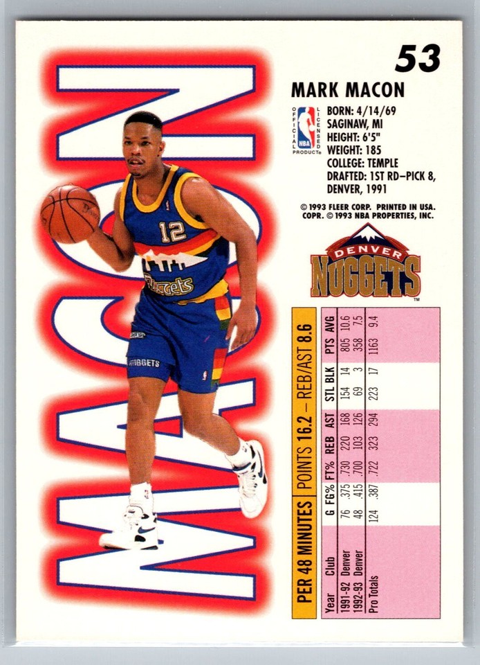 Mark Macon 1993-94 Fleer BASKETBALL #53 Denver Nuggets | eBay