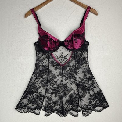 Victoria's Secret Lingerie 34C Pink Black Lace Wired Babydoll Mini ...