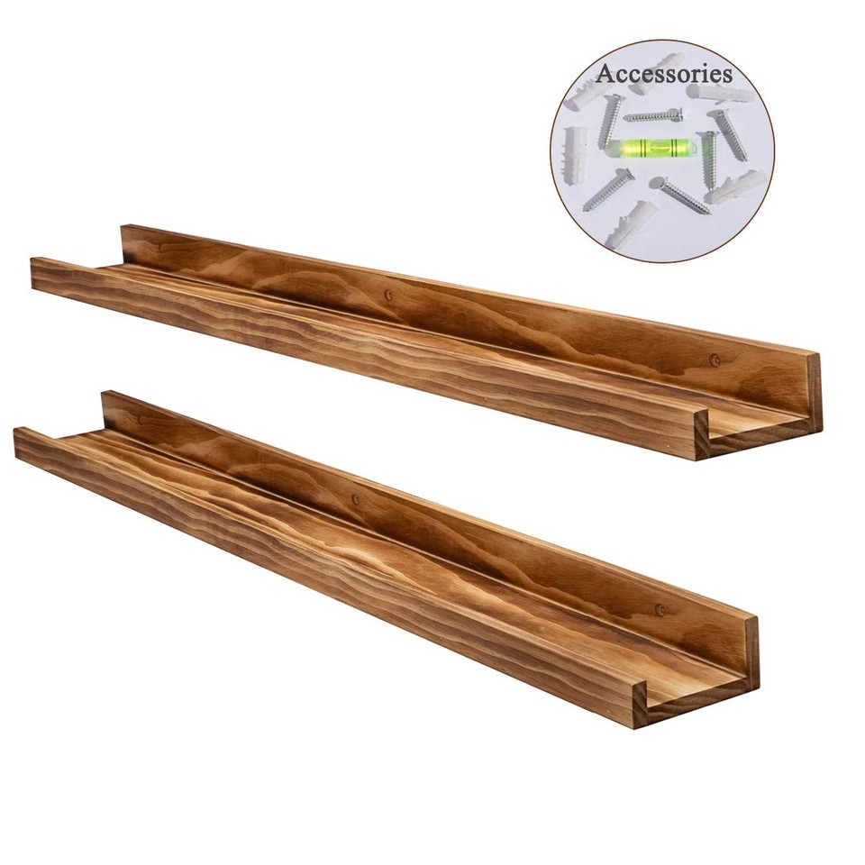 24 Floating Wood Wall Ledge Shelf - Wall-Mount Picture Book Display Set ...