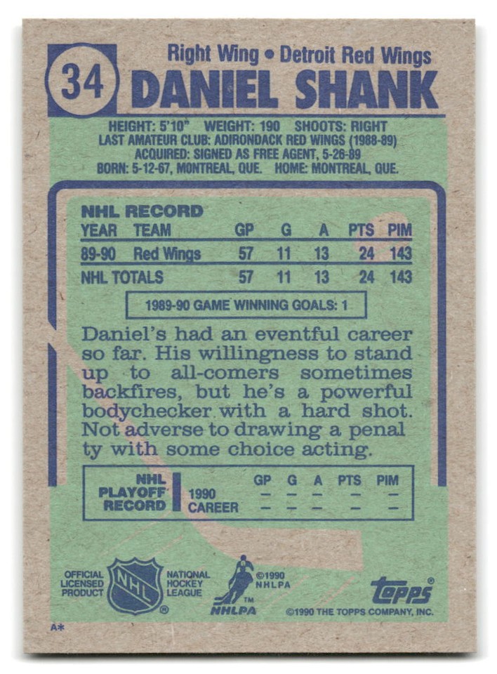 Daniel Shank 1990-91 Topps HOCKEY #34 Detroit Red Wings Rookie RC | eBay