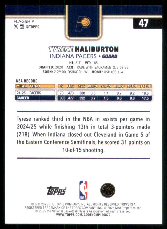 2025-26 Topps #47 Tyrese Haliburton Indiana Pacers 5193 | eBay
