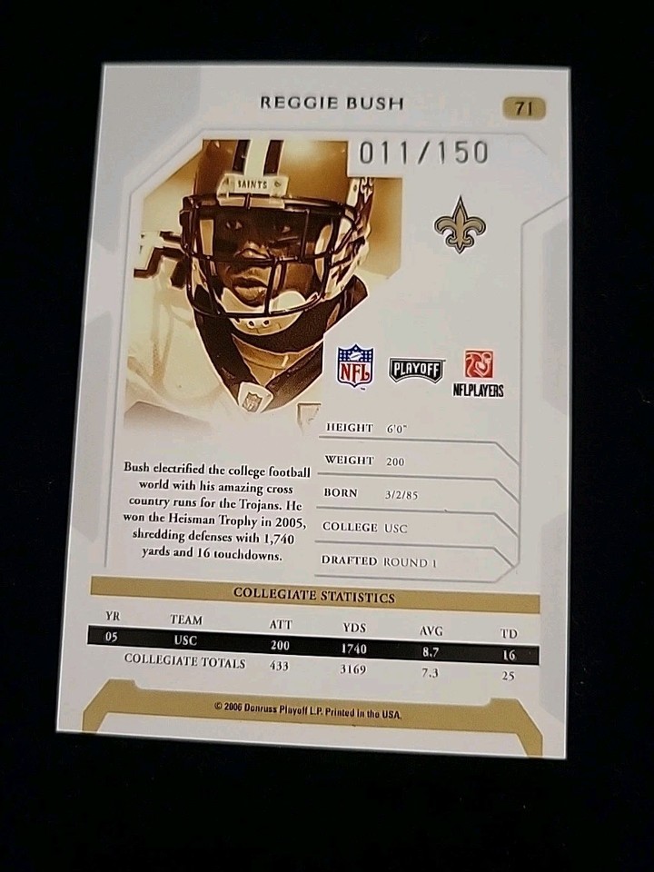 2006 PLAYOFF SIGNATURE REGGIE BUSH RC AUTOGRAPH 11 /150 SIGNATURE PROOF ...