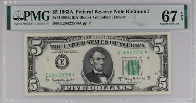 USA, 1963, Federal Reserve Note , $5, PMG 67 EPQ Superb GEM Unc , Fr ...