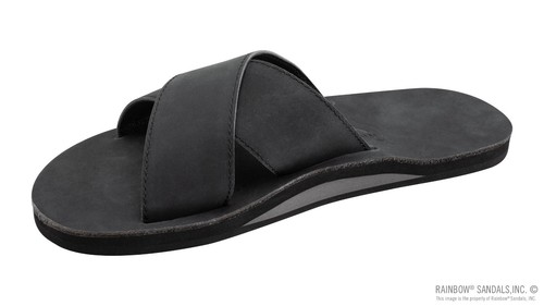 Men's Premier Black Leather Single Layer Cross Strap Sandals | eBay