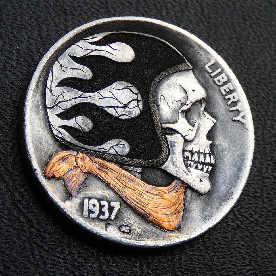 original hobo nickel " Ghost rider " skull biker chopper motorbike coin ...