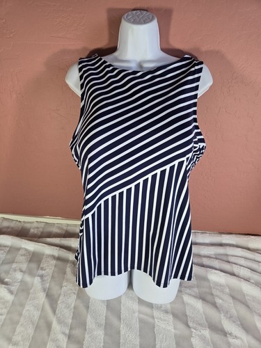 Lands End Womens 18 DD Swim Tankini Top Navy Blue Stripe High Neck ...