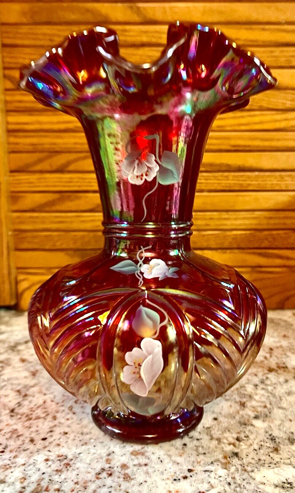 1996 ONLY..VHTF Fenton***RUBY RED CARNIVAL DAMASK ROSES VASE** | eBay