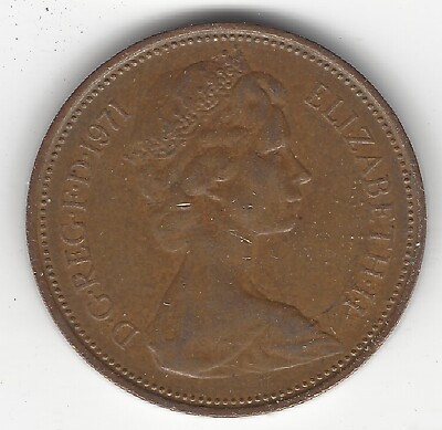 1971, 2 New Pence 2p, Elizabeth II, D.G.REG.F.D British, England Coin ...