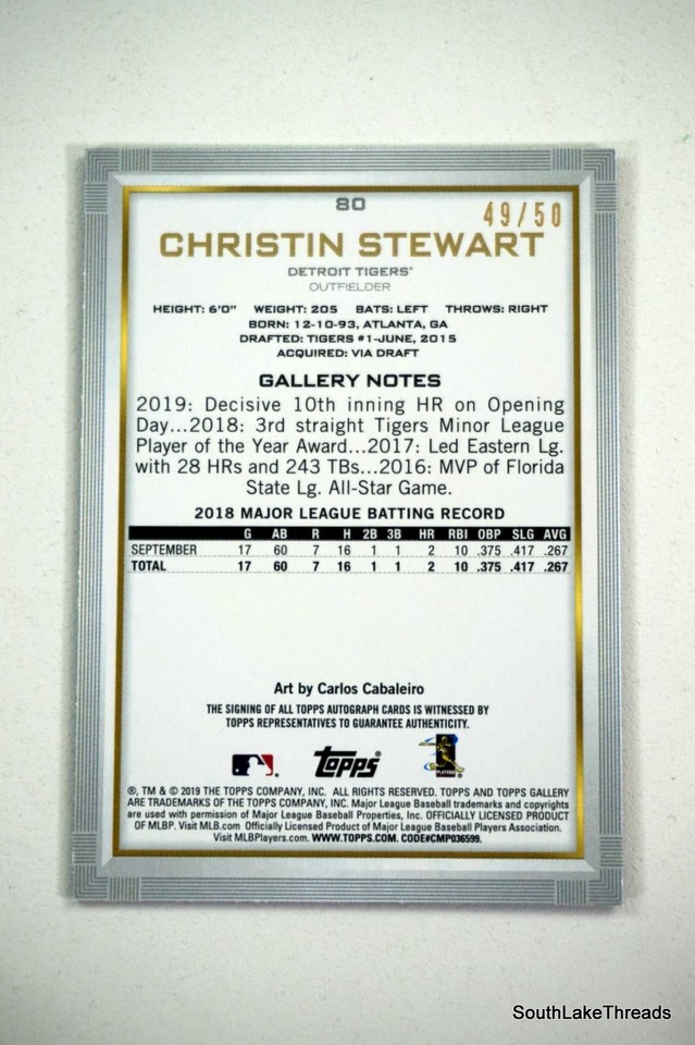CHRISTIN STEWART DETROIT TIGERS 2019 TOPPS GALLERY #80 AUTO BLUE /50 RC ...