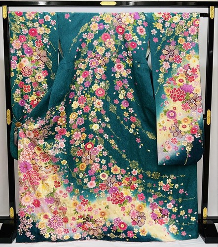 Furisode Kimono Green Peony Butterfly Cherry Blossom Silk Used, Fits ...
