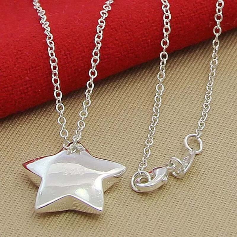 925 Sterling Silver Solid Star Pendant Necklace Women Jewelry 45cm ...