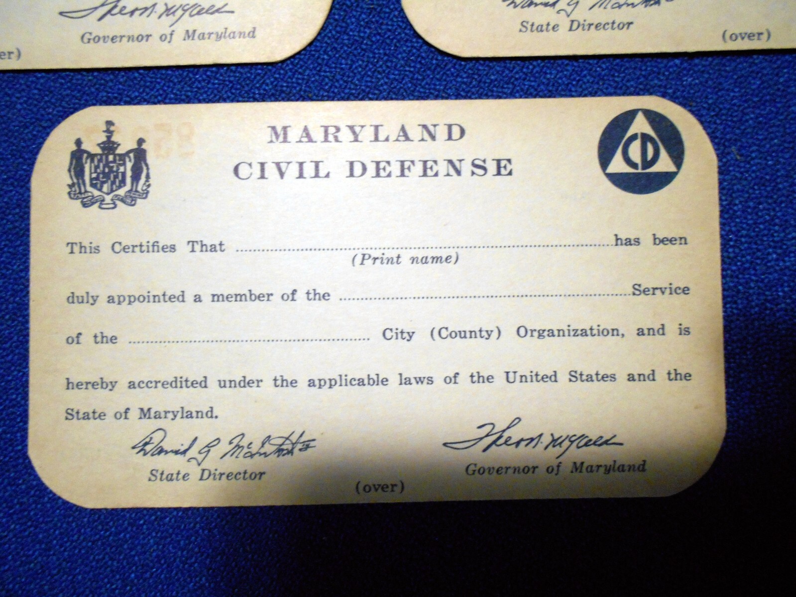 5 Maryland Civil Defense Identification Card 1950s Cold War Govenor ...