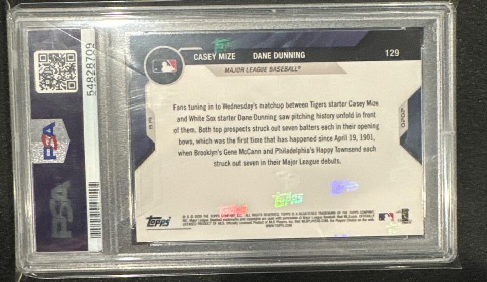 2020 Topps Now 129 Casey Mize / Dane Dunning PSA Mint 9 Detroit-White ...