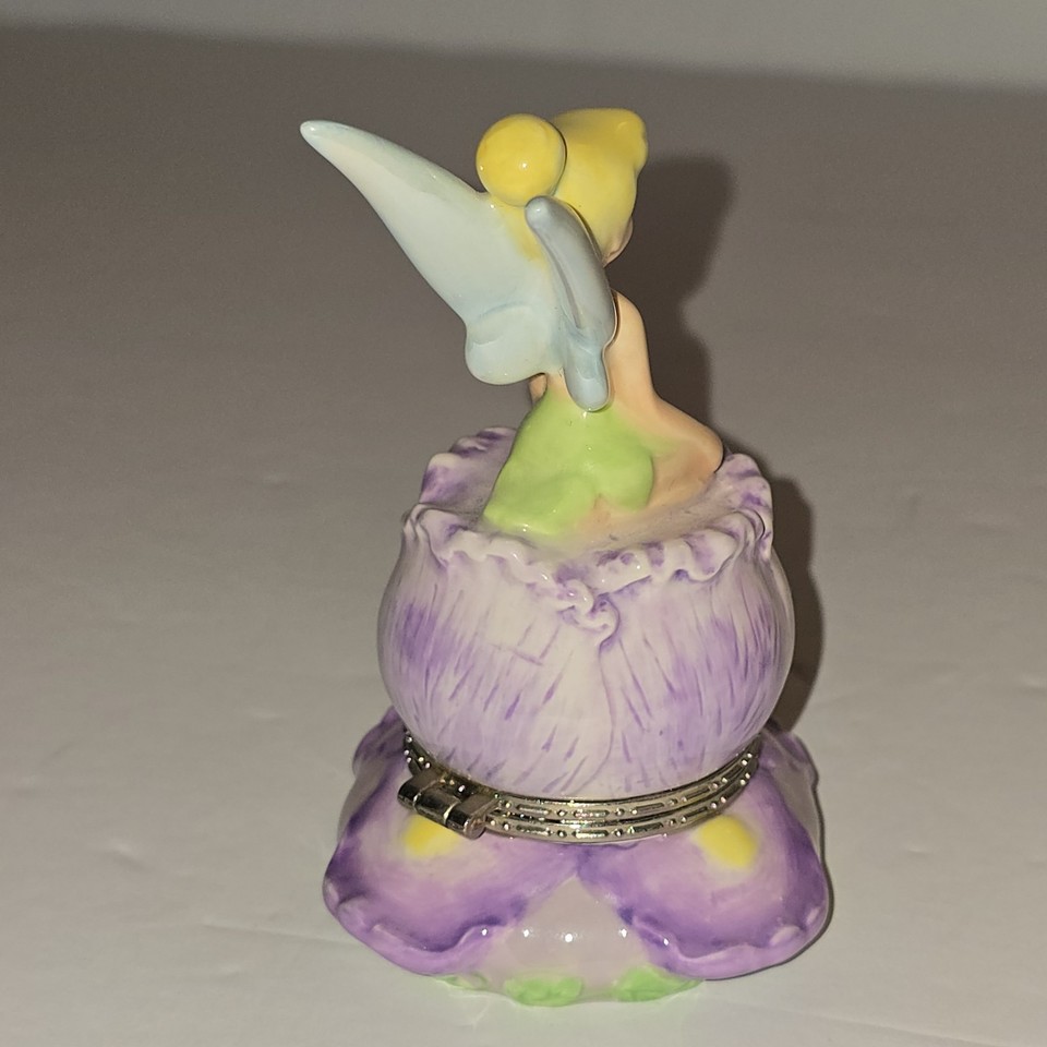DISNEY STORE 3.75" TINKER BELL ON PURPLE FLOWER PORCELAIN TRINKET BOX ...
