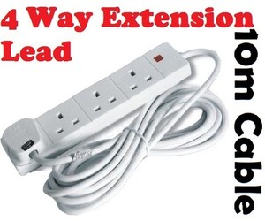 4 Way Gang Electric Extension Lead 10m Meter Cable 13A UK Plug Multi ...