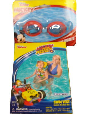 Mickey Mouse Inflatable Swim 2 Buckles Vest & Swim Goggles Ages 3-6 New ...