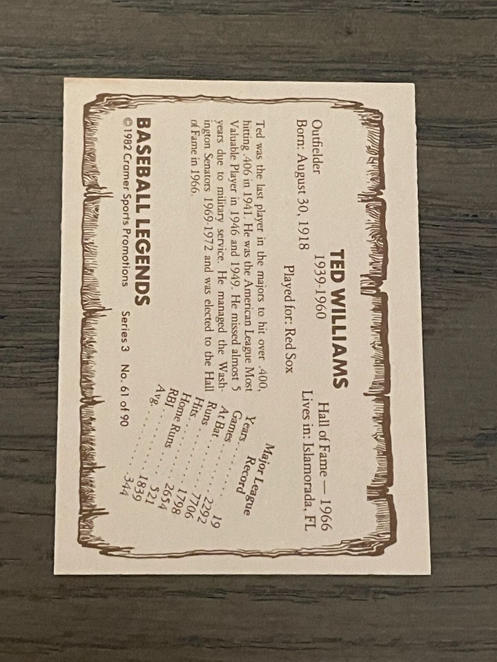 1980 Cramer Sports Baseball Legends Ted Williams #61 Boston Red Sox (A ...