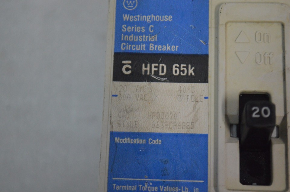 WESTINGHOUSE HFD3020 SER C 20A 3P 600VAC HFD 65K Circuit Breaker | eBay